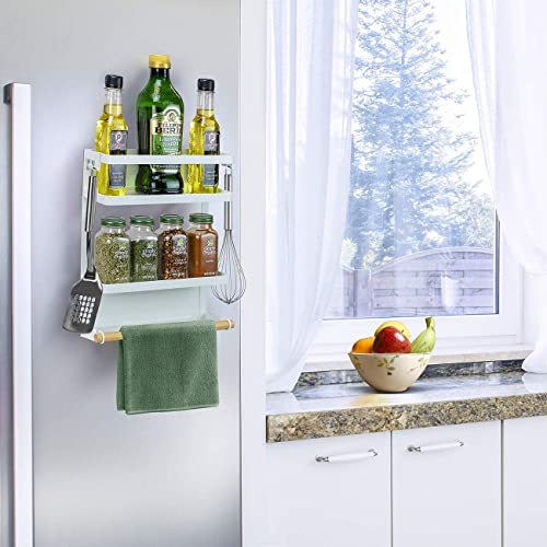 Couah Magnetic Spice Rack , Magnetic Paper Towel Holder Kitchen with 2-Tier Magnetic Shelf and 1 Paper Towel Roll Holders for Magnetic Spice Rack for Refrigerator -White