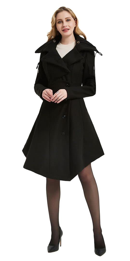 QZUnique Long Trench Pea Coat for Women - Wool Winter Trench Coat Goth Lapel Peacoat Outwear Thick Hood Pea Jacket Trenchcoat