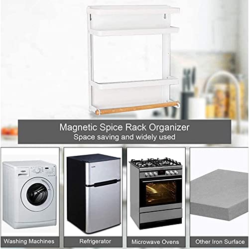 Couah Magnetic Spice Rack , Magnetic Paper Towel Holder Kitchen with 2-Tier Magnetic Shelf and 1 Paper Towel Roll Holders for Magnetic Spice Rack for Refrigerator -White