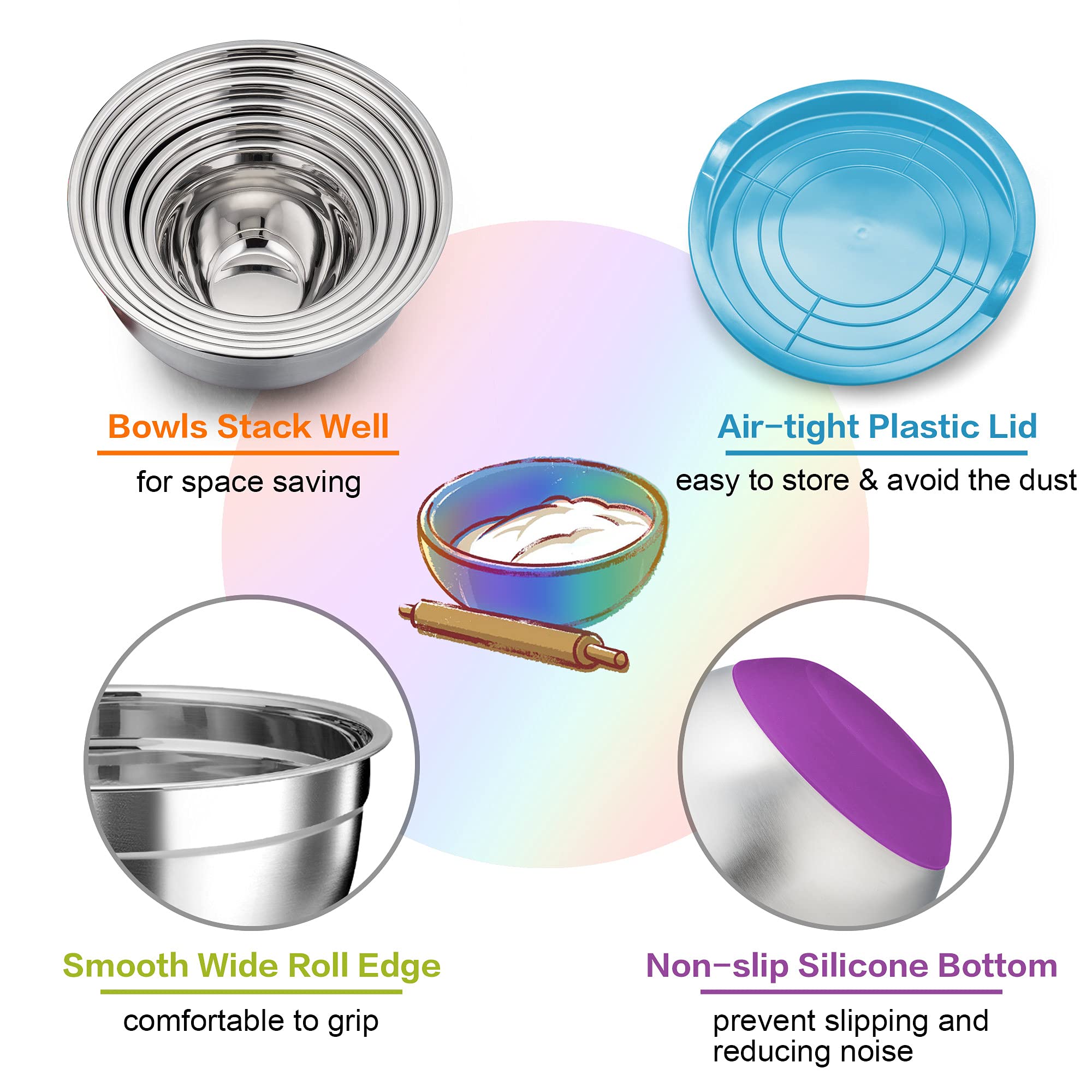 TeamFar Mixing Bowls, Stainless Steel Mixing Bowls with Lids, Nesting Salad Bowls with Air-tight Lids & Non-slip Bottom, Dishwasher Safe & Stackable, Set of 6-4.6/2.6/2 / 1.5/1 / 0.7 Qt