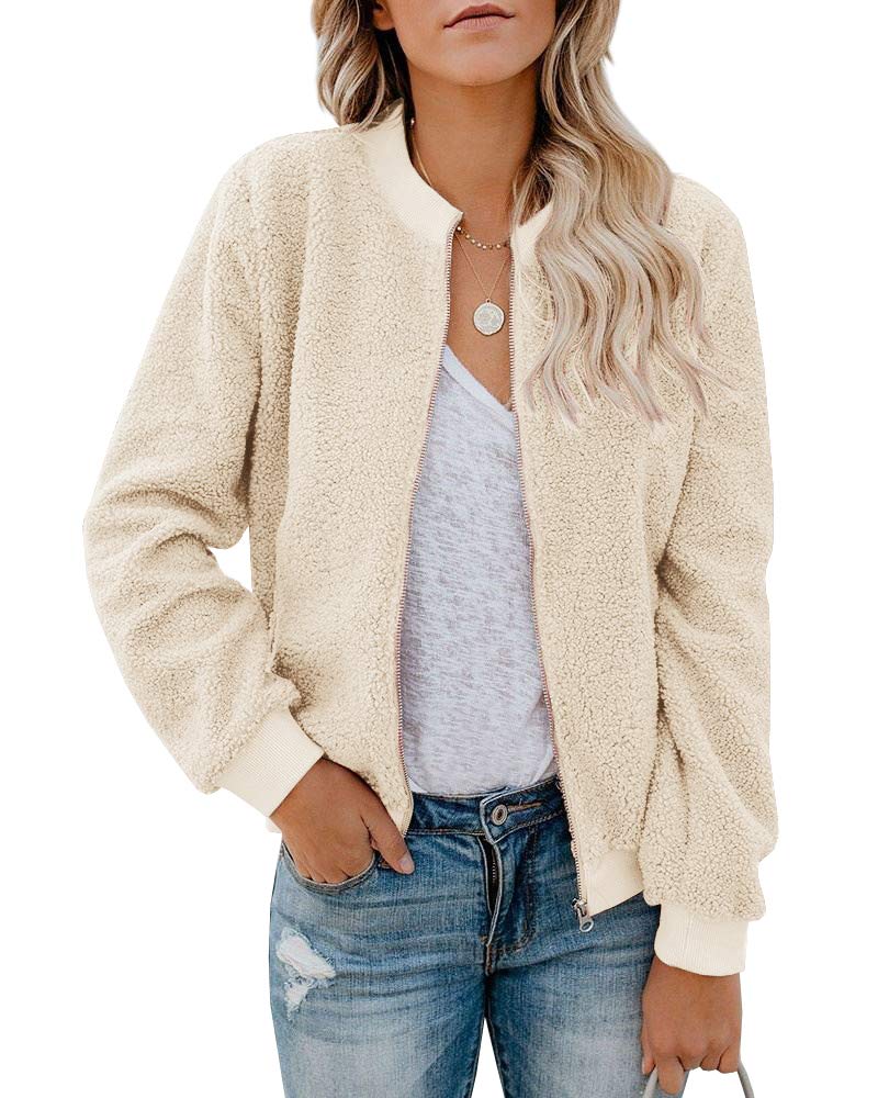 Eurivicy Women Fleece Jacket Winter Bomber Long Sleeve Faux Sherpa Fuzzy Casual Zip Up Coat Pocket