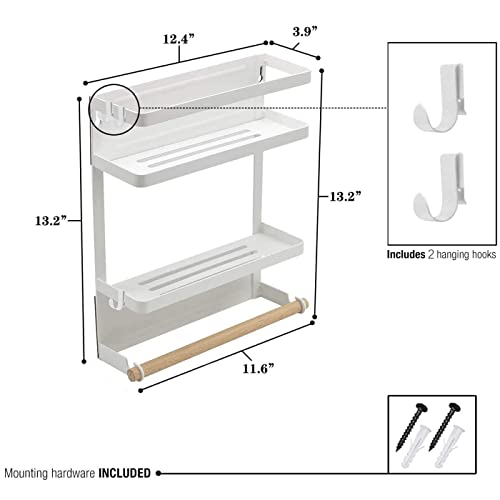 Couah Magnetic Spice Rack , Magnetic Paper Towel Holder Kitchen with 2-Tier Magnetic Shelf and 1 Paper Towel Roll Holders for Magnetic Spice Rack for Refrigerator -White