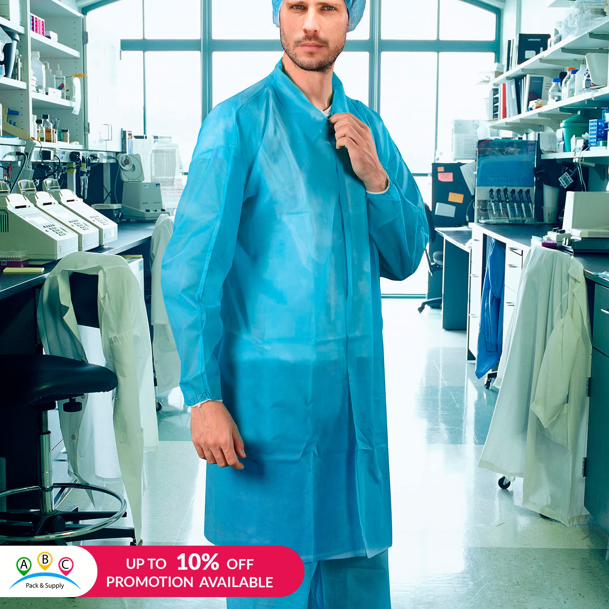 ABC Disposable Lab Coats for Adults X-Large, Blue Fluid Resistant Gowns Disposable, Polyethylene Medical Disposable Gowns, Knee Length Lab Coat Disposable