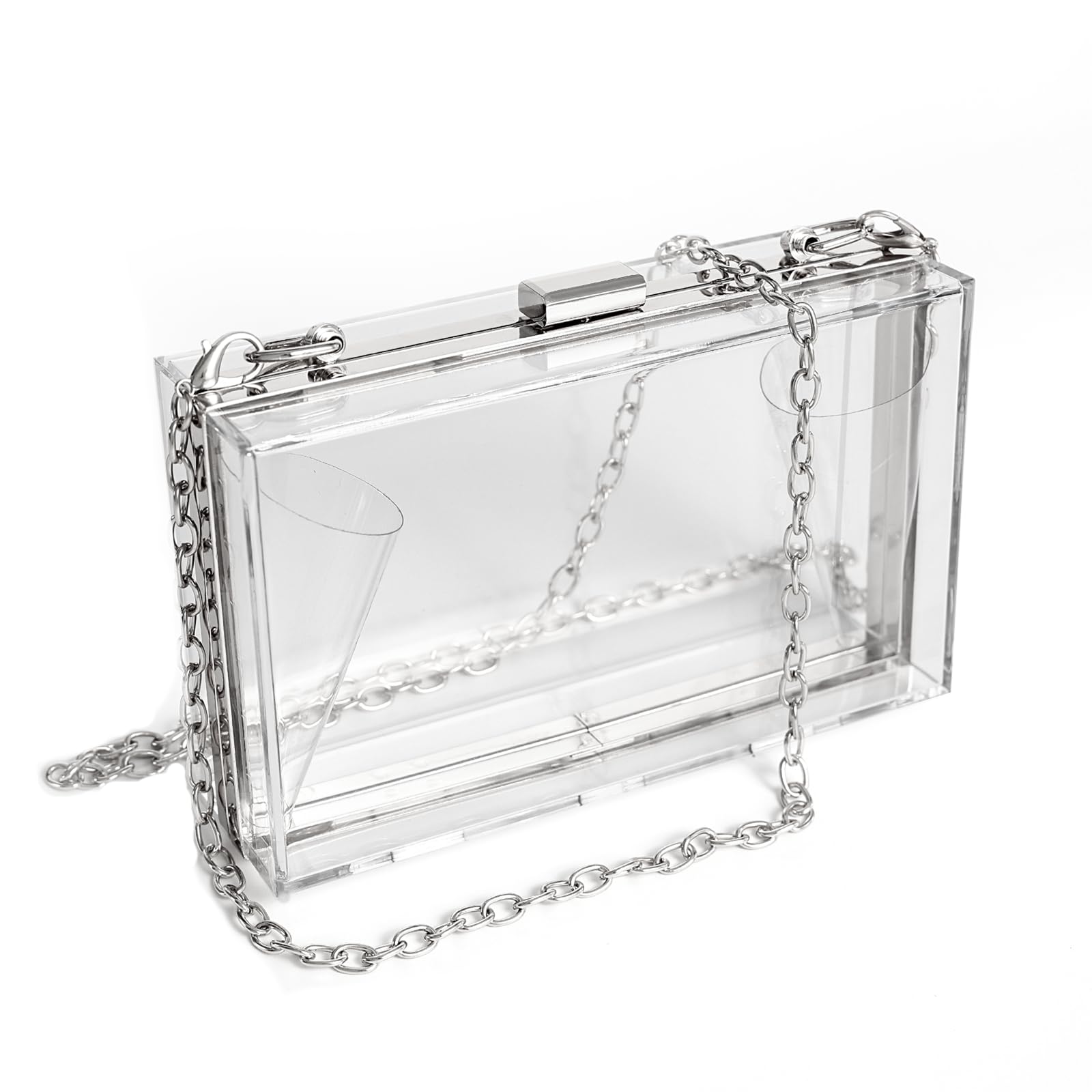 WJCD Women Clear Purse Acrylic Box Clutch Handbag, Small Transparent Crossbody Evening Bag Stadium Approved Gold Chain Strap (Silver)