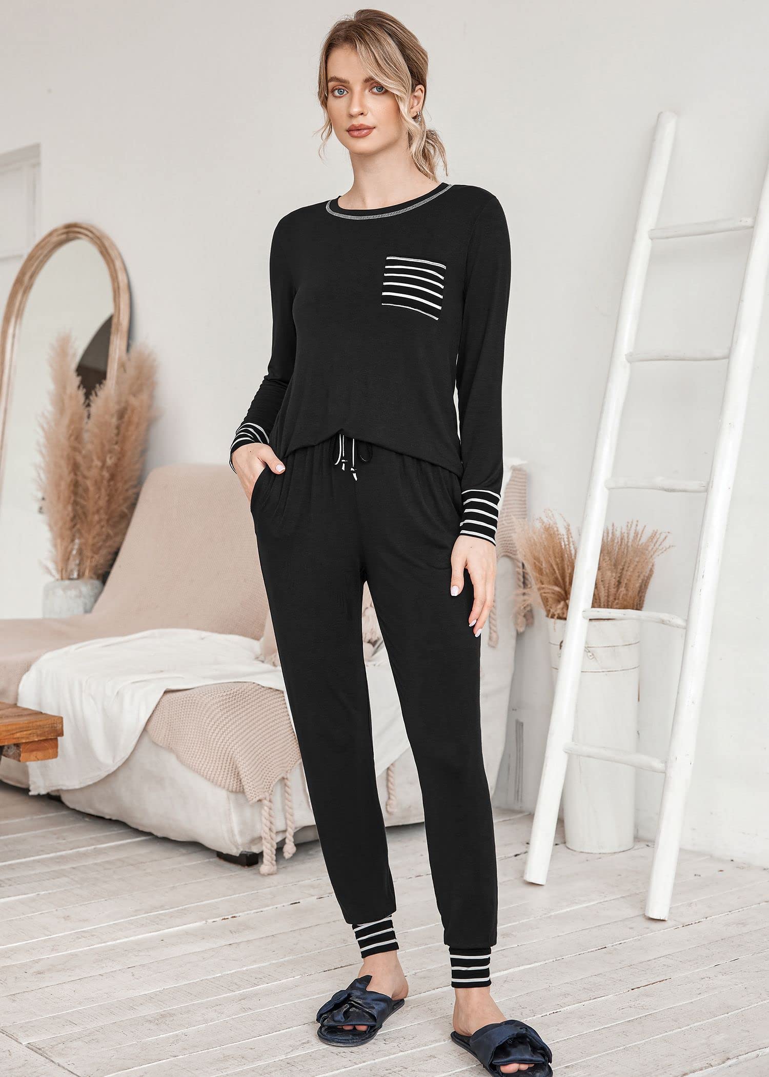 Ekouaer Pajamas Women's Long Sleeve Pj Set Soft 2 Piece Loungewear Sleepwear with Jogger Pants Black,M