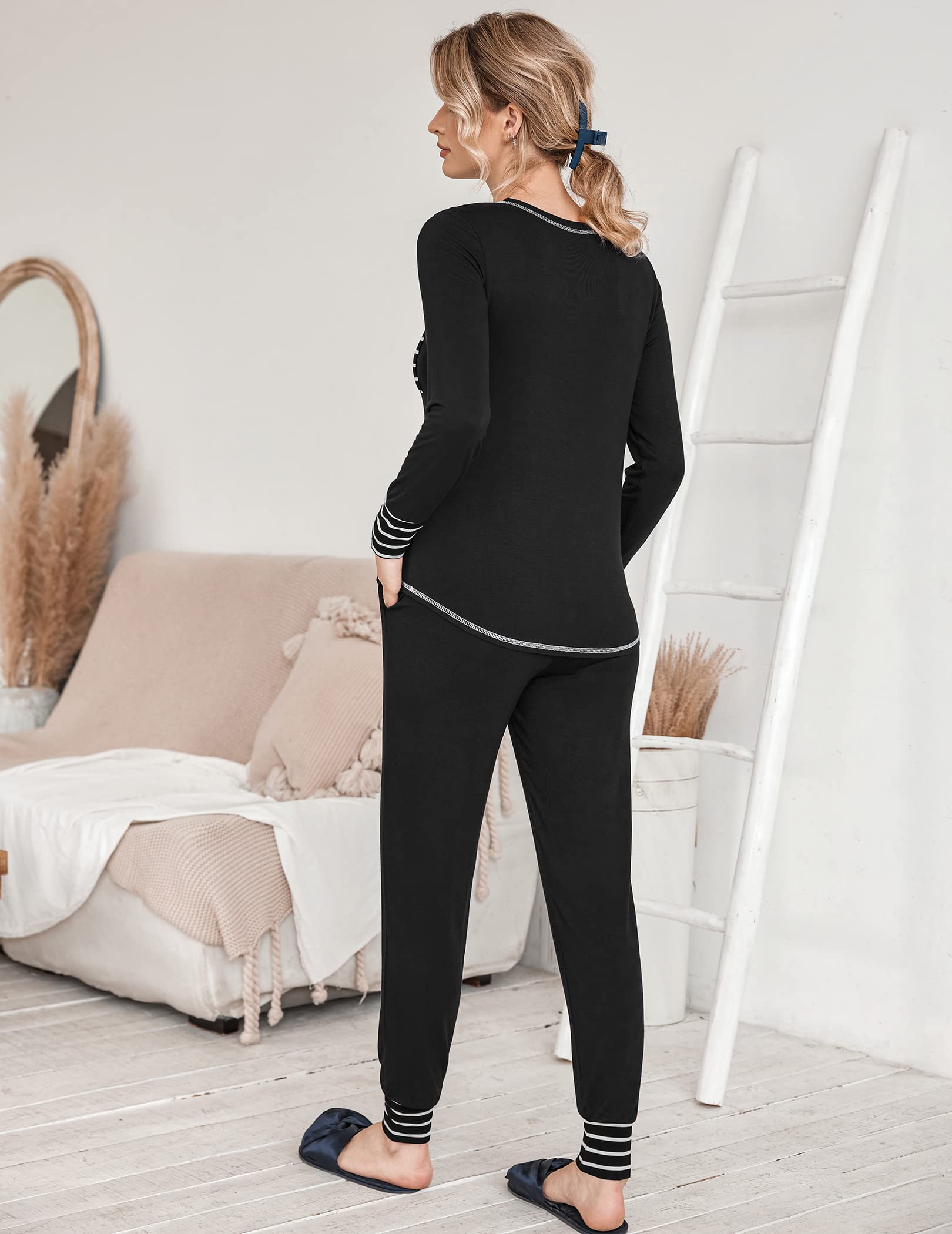 Ekouaer Pajamas Women's Long Sleeve Pj Set Soft 2 Piece Loungewear Sleepwear with Jogger Pants Black,M