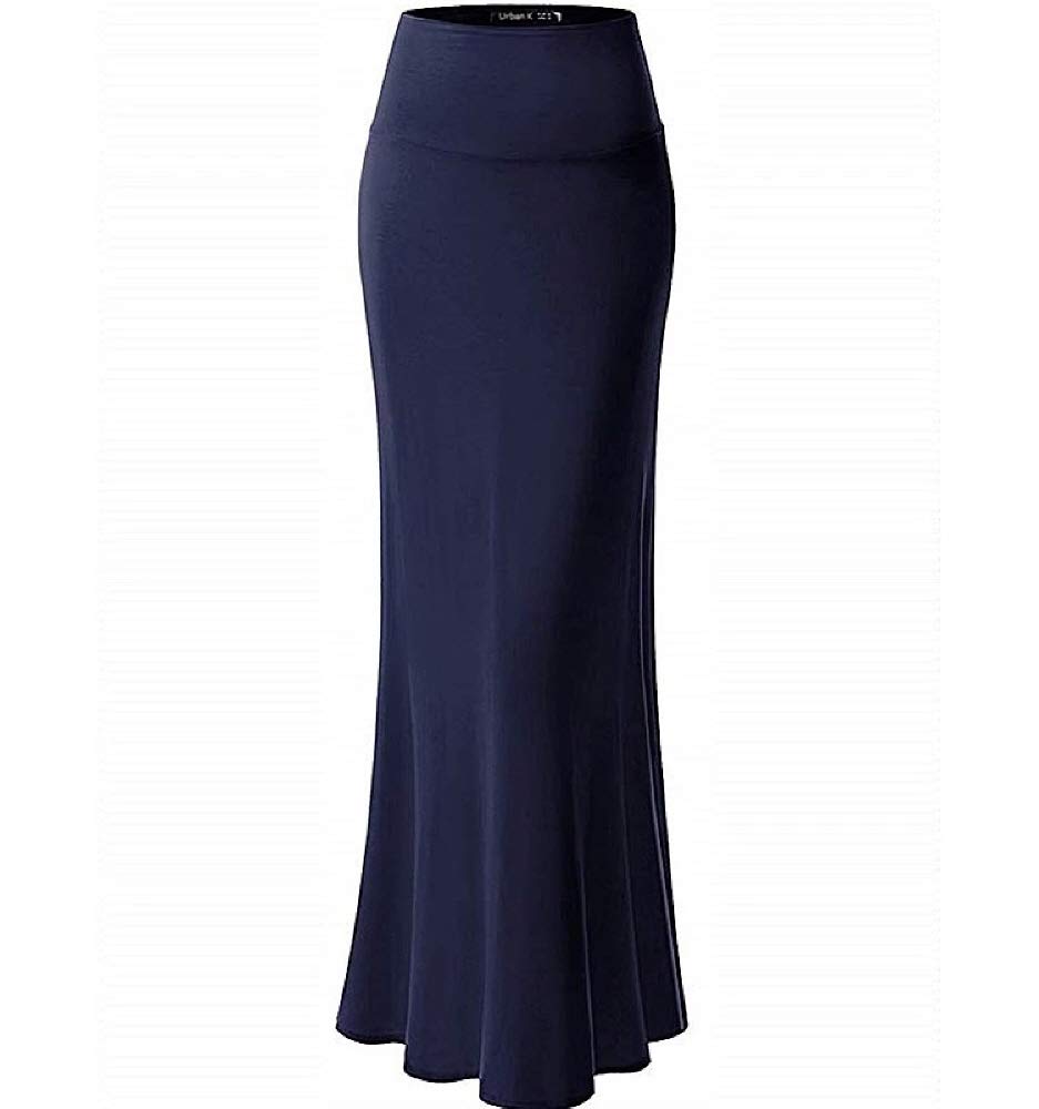 ShezPretty Women's Premium Fold Over High Waist Long Floor Length Maxi Skirt (Medium, Navy)