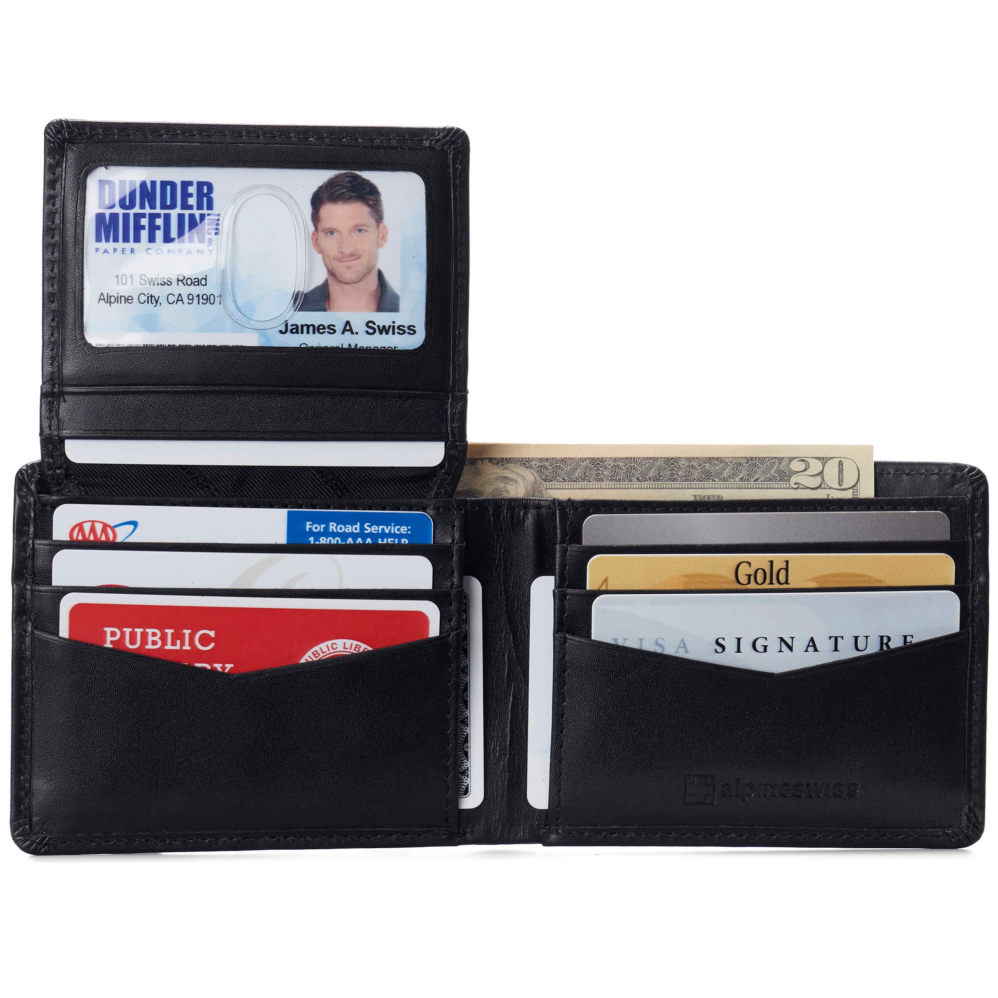 Alpine Swiss RFID Connor Passcase Bifold Wallet For Men Leather Comes in a Gift Box Smooth Finish Black