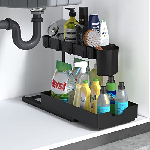 FUNXIM Under Sink Organizer, Under Sink Organizers And Storage, 2 Tier Slide Out Sink Shelf Cabinet Storage Shelves, Multi-Purpose Kitchen Bathroom Sink Organizer, With Organization And Storage Hooks