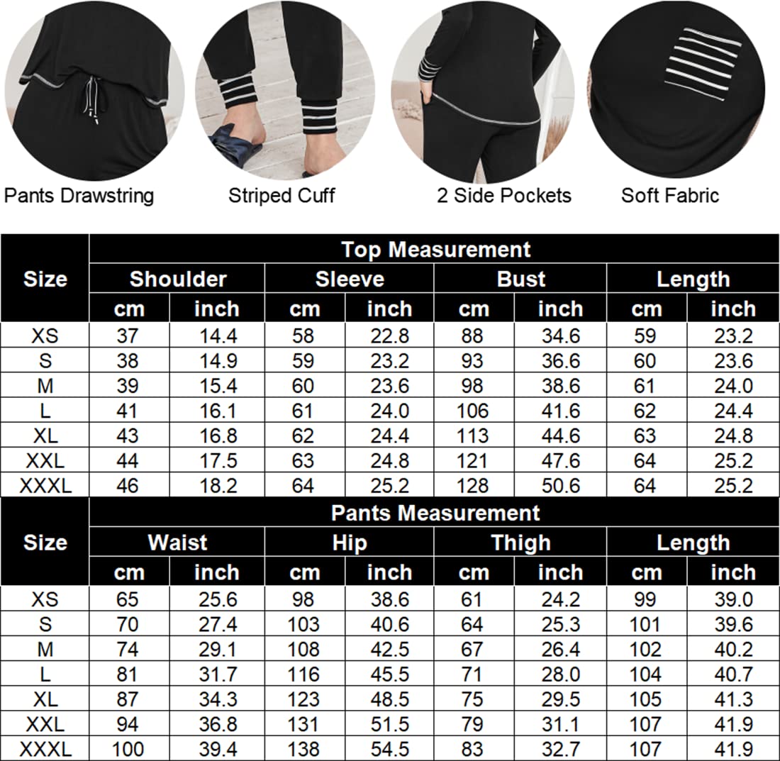 Ekouaer Pajamas Women's Long Sleeve Pj Set Soft 2 Piece Loungewear Sleepwear with Jogger Pants Black,M