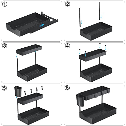 FUNXIM Under Sink Organizer, Under Sink Organizers And Storage, 2 Tier Slide Out Sink Shelf Cabinet Storage Shelves, Multi-Purpose Kitchen Bathroom Sink Organizer, With Organization And Storage Hooks