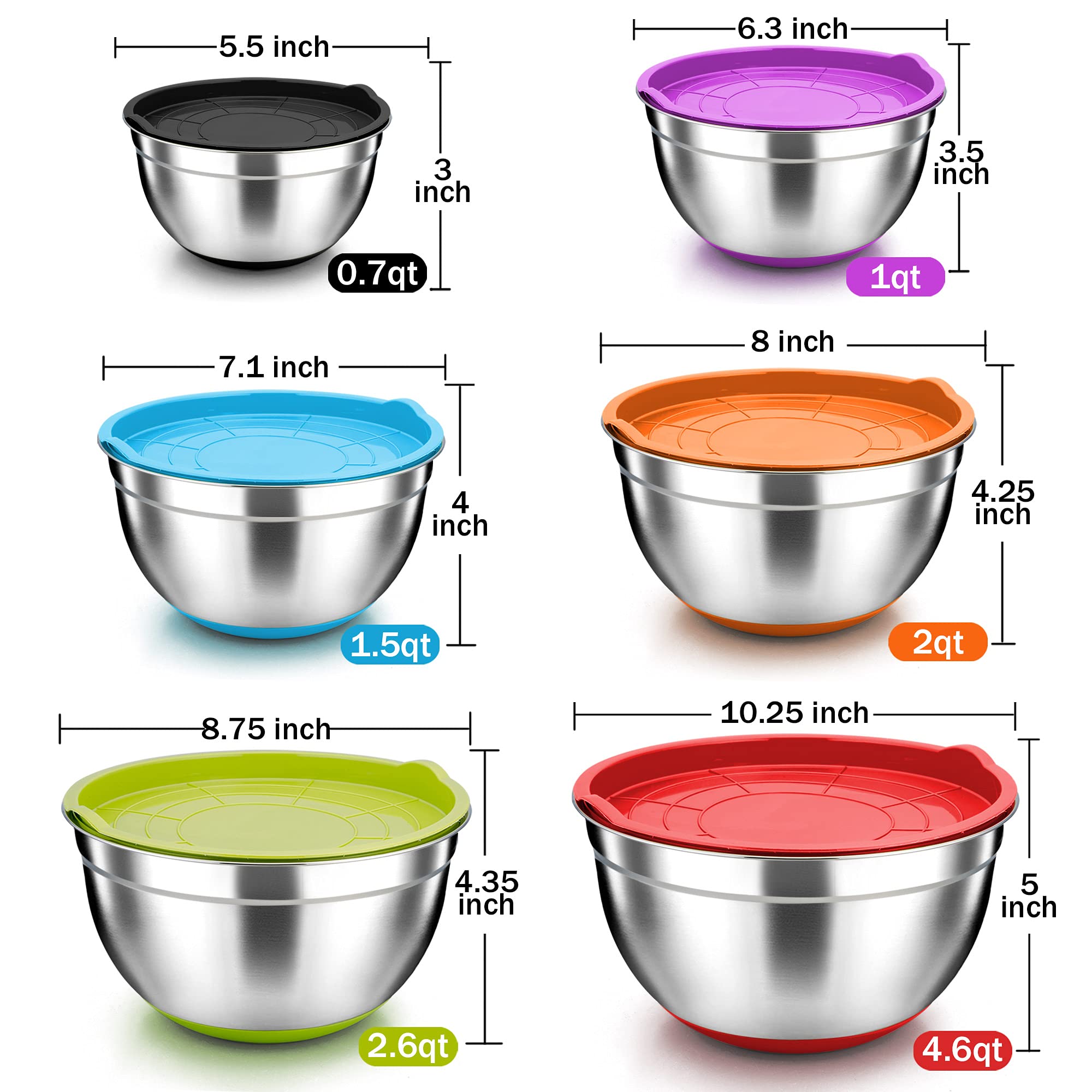 TeamFar Mixing Bowls, Stainless Steel Mixing Bowls with Lids, Nesting Salad Bowls with Air-tight Lids & Non-slip Bottom, Dishwasher Safe & Stackable, Set of 6-4.6/2.6/2 / 1.5/1 / 0.7 Qt