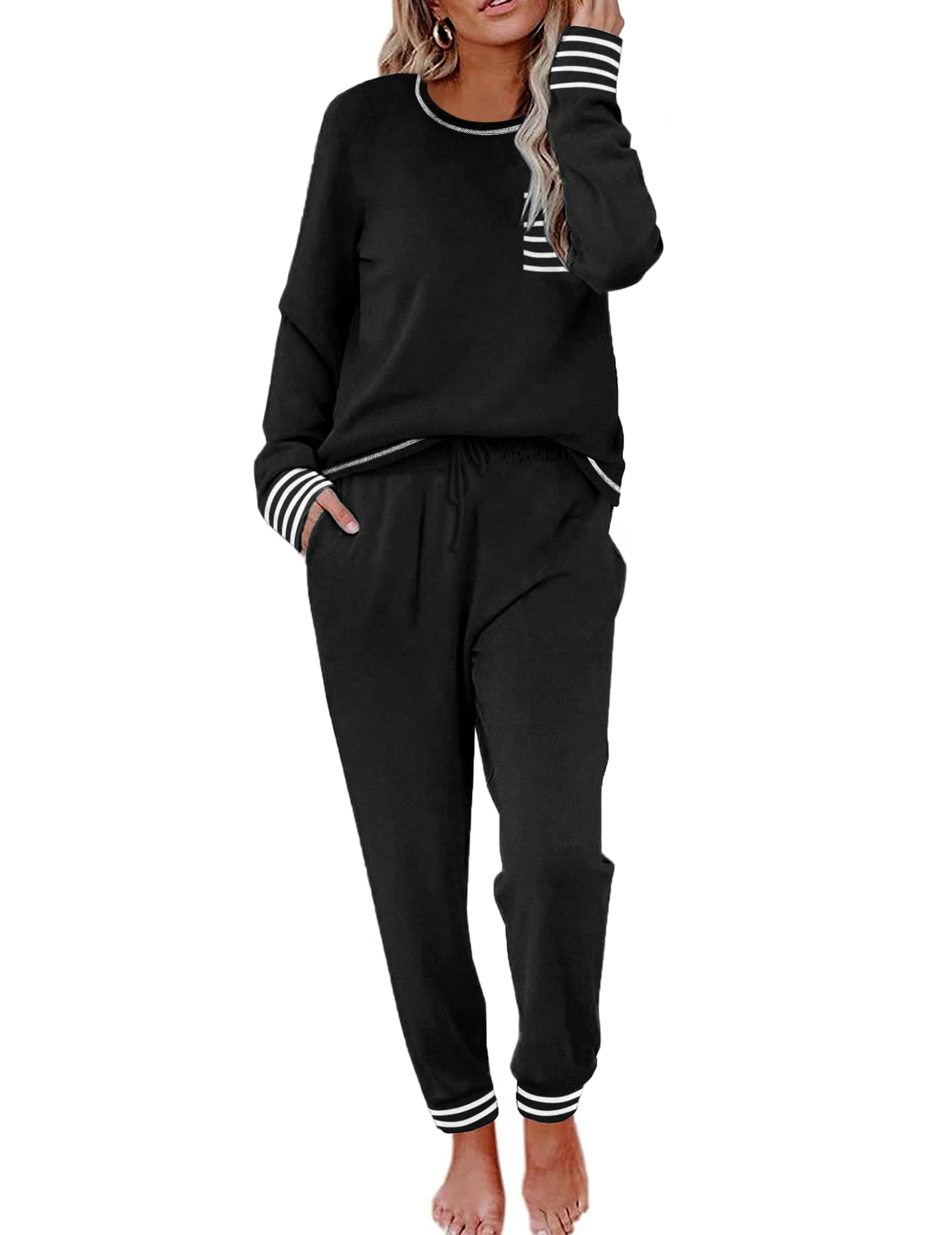 Ekouaer Pajamas Women's Long Sleeve Pj Set Soft 2 Piece Loungewear Sleepwear with Jogger Pants Black,M