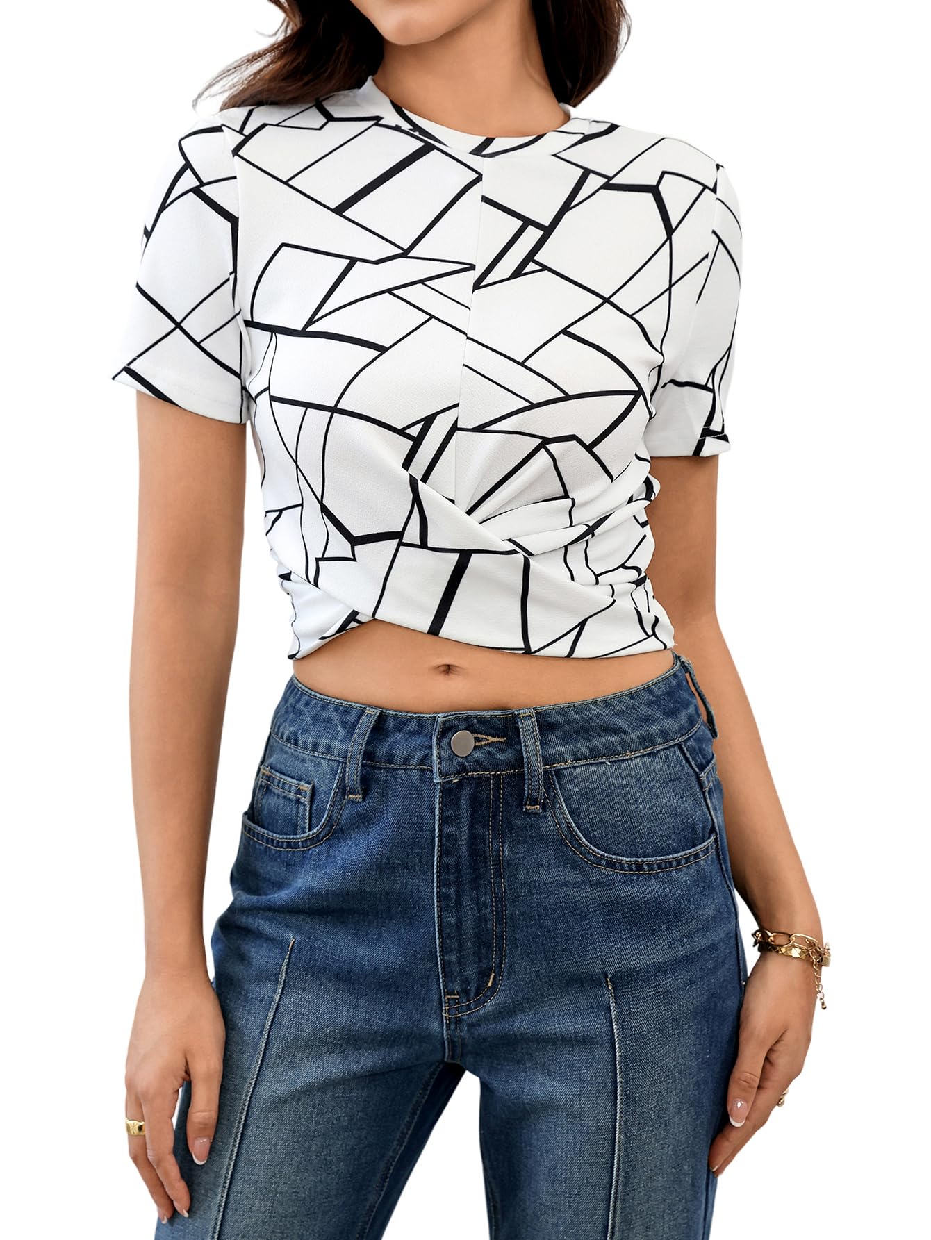 SweatyRocks Women's Casual Twist Front Short Sleeve Crop Top T-Shirt Geometry White Large