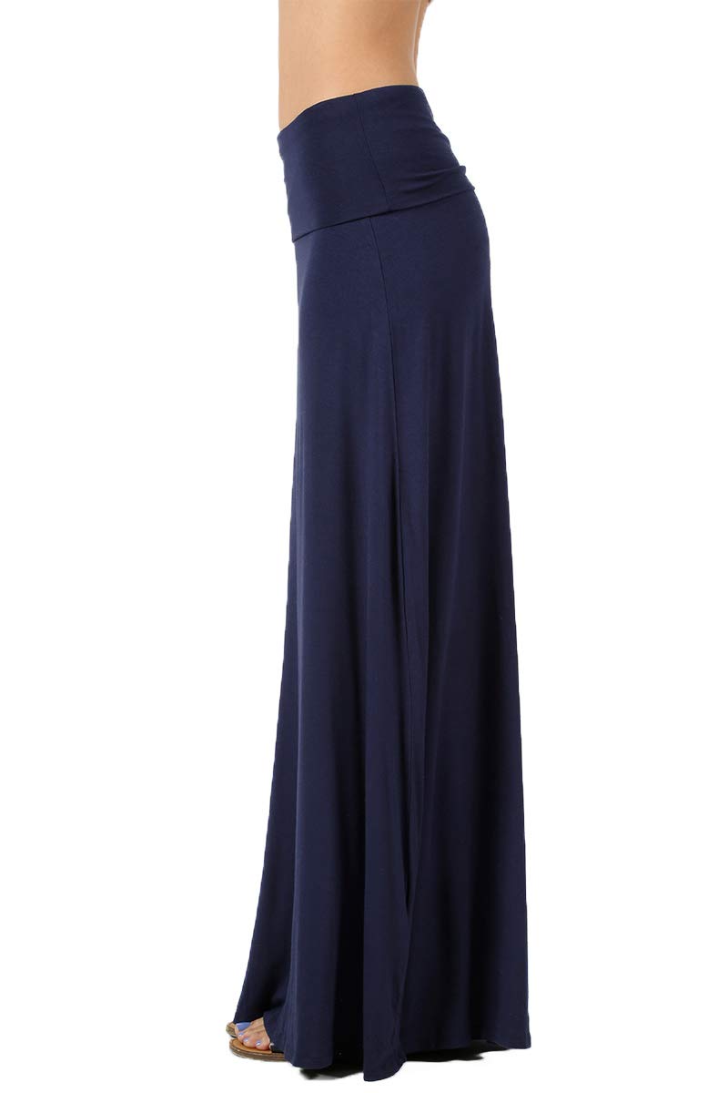 ShezPretty Women's Premium Fold Over High Waist Long Floor Length Maxi Skirt (Medium, Navy)