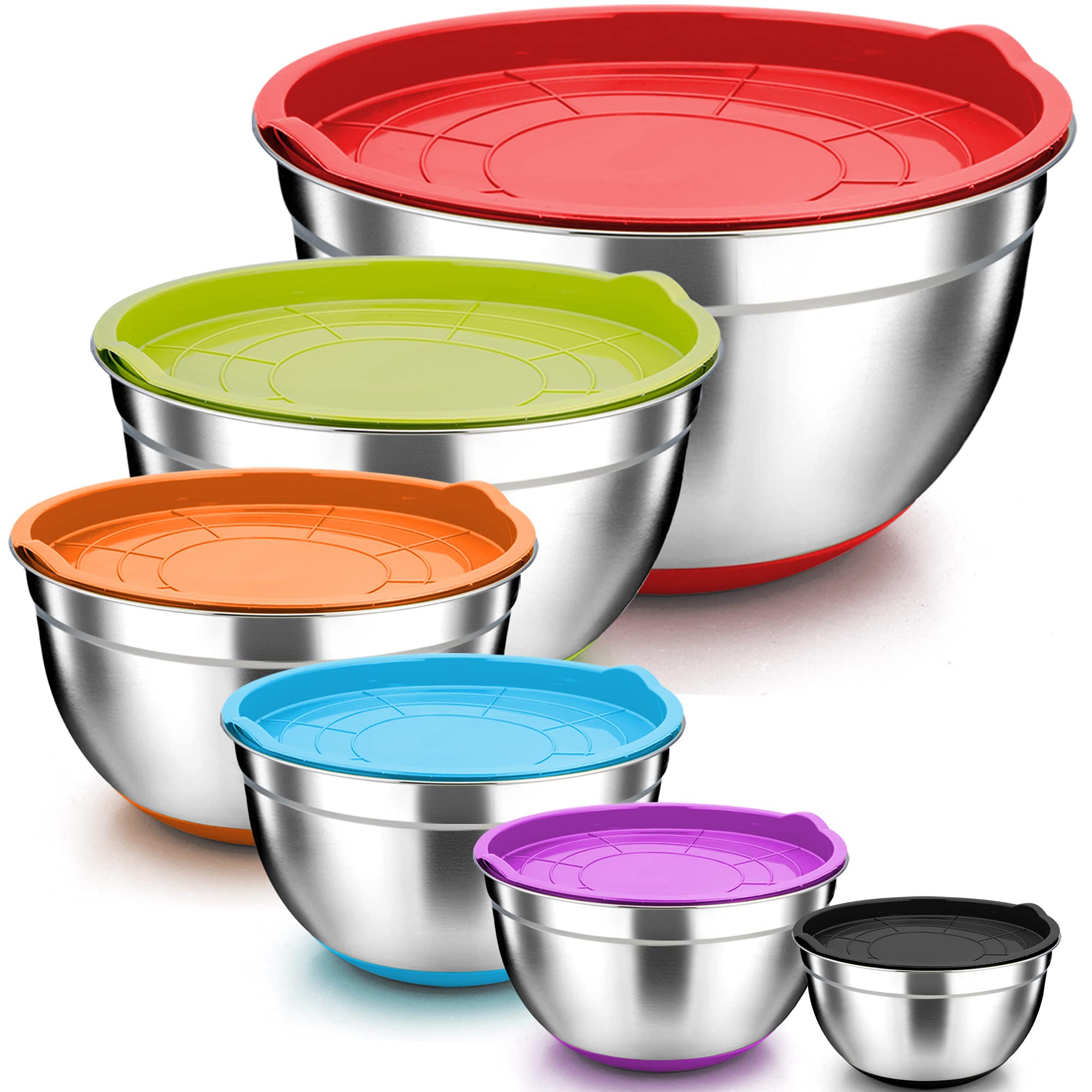TeamFar Mixing Bowls, Stainless Steel Mixing Bowls with Lids, Nesting Salad Bowls with Air-tight Lids & Non-slip Bottom, Dishwasher Safe & Stackable, Set of 6-4.6/2.6/2 / 1.5/1 / 0.7 Qt