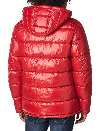 GUESS Men's Mid-Weight Puffer Jacket with Removable Hood, Red, Large