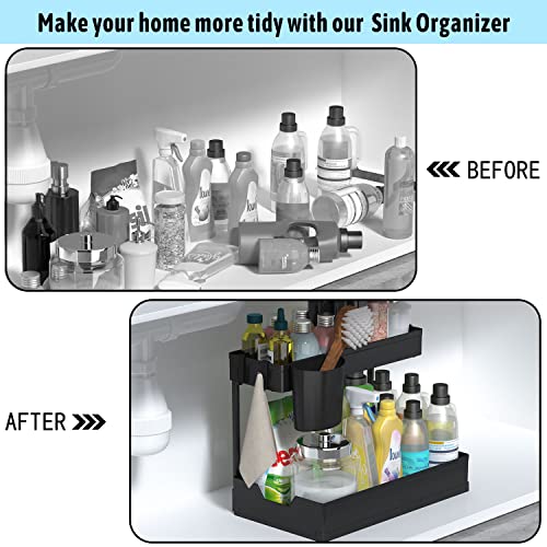 FUNXIM Under Sink Organizer, Under Sink Organizers And Storage, 2 Tier Slide Out Sink Shelf Cabinet Storage Shelves, Multi-Purpose Kitchen Bathroom Sink Organizer, With Organization And Storage Hooks