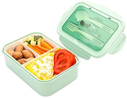 Bento Box, Lunch Box for Kids Adults, 3 Compartment Bento Lunch container, Food Storage Container Boxes, BPA Free On-the-Go Meal Prep Containers, Microwave/Dishwasher/Freezer Safe (Green)