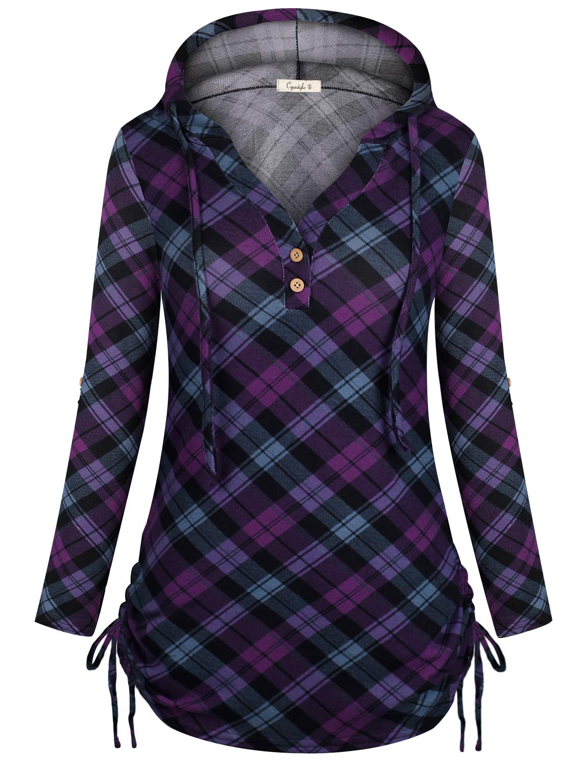 Cyanstyle Women's Long Sleeve Henley V-Neck Button Sweatshirt Tunic Hoodies Casual Pullover with Drawstring Purple Plaid Medium
