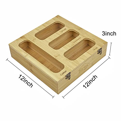 Bamboo Ziplock Bag Organizer for Drawer with Removable Lid | Ziplock Bag Storage Organizer | Ziplock Bag Organizer| 4 Compartments Plastic Bag Organizer | Wooden Baggie Organizer | 12 x 12 x 3-inch