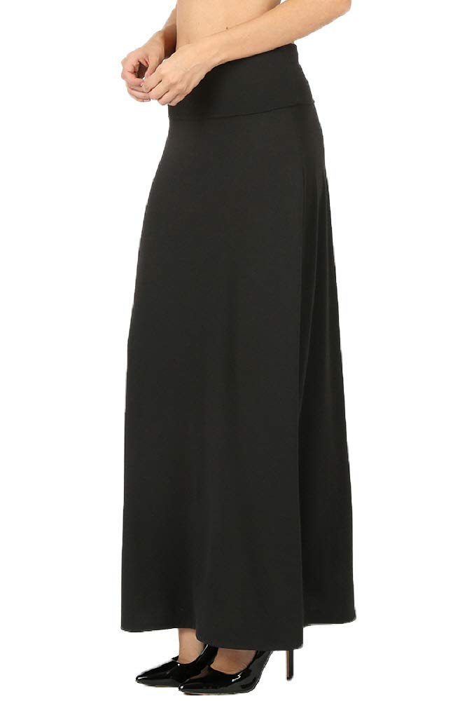 ShezPretty Women's Premium Fold Over High Waist Long Floor Length Maxi Skirt (Medium, Black)