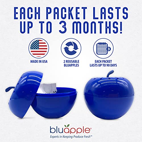 Bluapple Produce Saver 2-Pack - Keeps Fruits & Vegetables Fresh Longer in Refrigerator Crisper, Shelves, and Fruit Bowls, Lasts up to 3 Months, Ethylene Gas Absorber, BPA Free, Made in USA