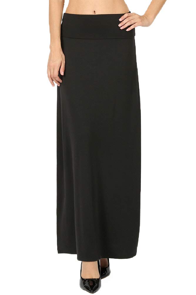 ShezPretty Women's Premium Fold Over High Waist Long Floor Length Maxi Skirt (Large, Black)