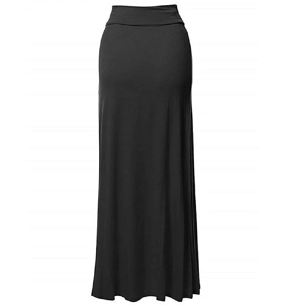 ShezPretty Women's Premium Fold Over High Waist Long Floor Length Maxi Skirt (Large, Black)