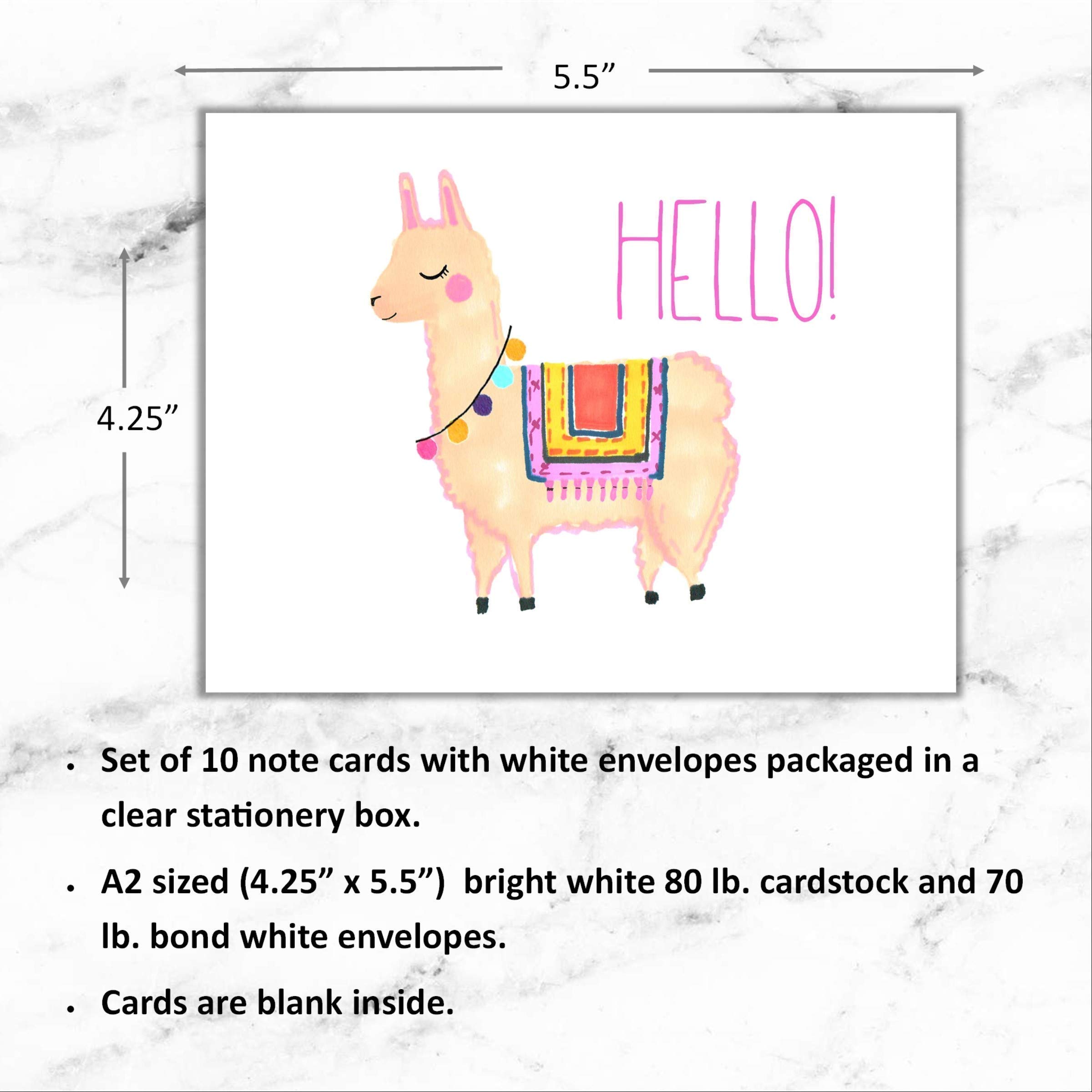Llama Note Cards with Envelopes, Stationery Set for Girls, Pack of 10 Folded Notecards
