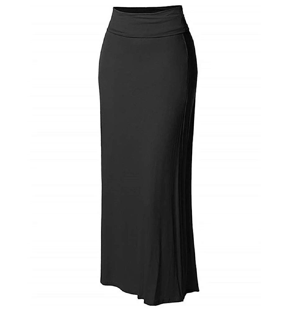 ShezPretty Women's Premium Fold Over High Waist Long Floor Length Maxi Skirt (Large, Black)