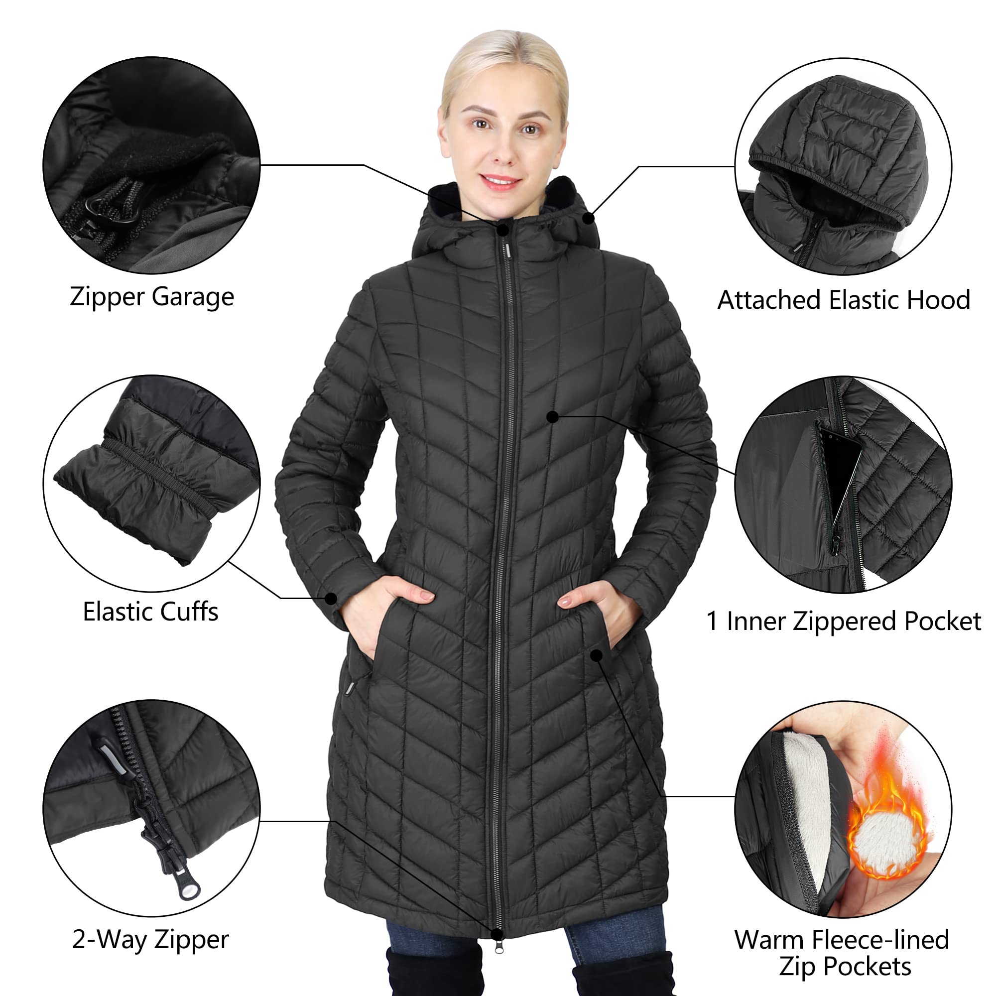 Outdoor Ventures Women's Hooded Lightweight Warm Winter Long Puffer Jacket-Medium,36"