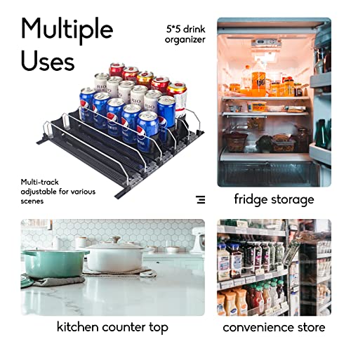 CNDSE Soda Can Organizer for Refrigerator,Spring Loaded Fridge Drink Organizer,Width-adjustable Push Rod Slide Rail Drink Dispenser for Refrigerator,Black (14.9in-6)