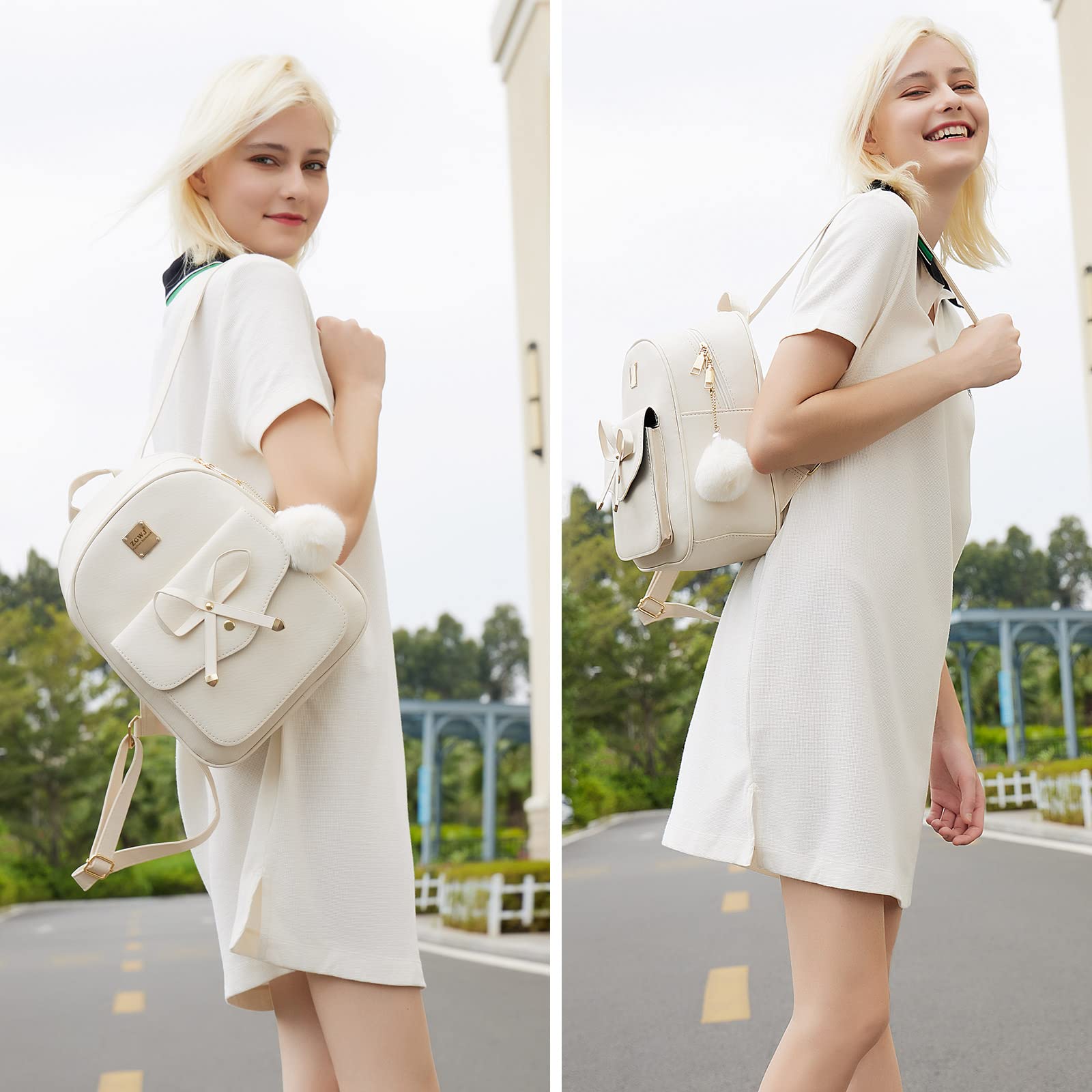 ZGWJ Mini Leather Backpack Purse Bowknot Small Backpack Cute Casual Travel Daypacks for Women(3-Pieces) Beige