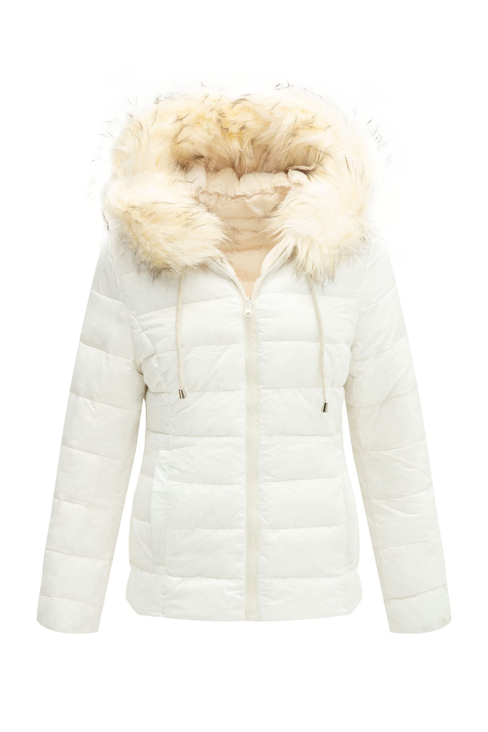 Bellivera Women Double Sided Faux Fur Jacket Reversible Winter with Fur Collar Hood Puffer Coat Worn on Both Sides 19225 White L