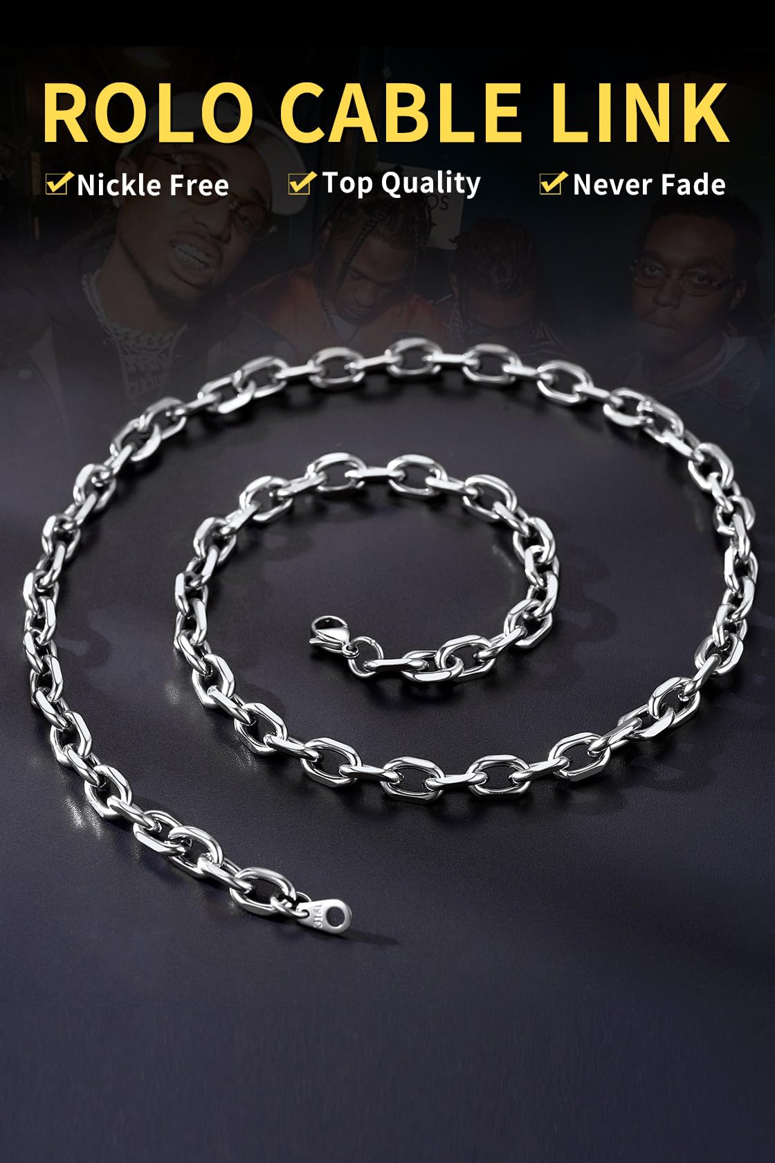 Cable Necklace Men's 7mm 28 inch Necklace 316L Stainless Steel Thick Rolo Chain