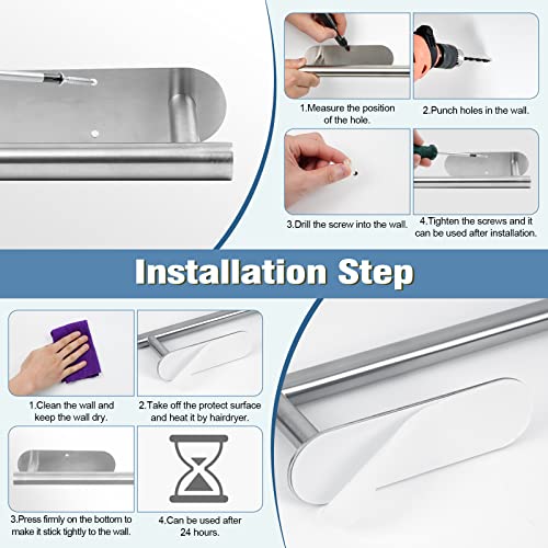 Elyum Paper Towel Holder Under Kitchen Cabinet Self Adhesive or Drilling, Spliceable Paper Towel Holder Wall Mount Sturdy and Durable Stainless Steel Towel Roll Rack for Bathroom(13 Inch, Silver)