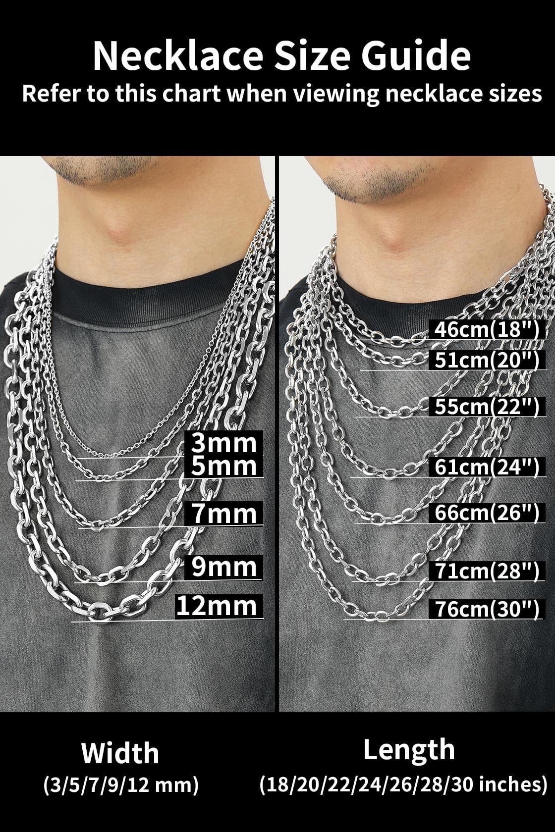 Cable Necklace Men's 7mm 28 inch Necklace 316L Stainless Steel Thick Rolo Chain