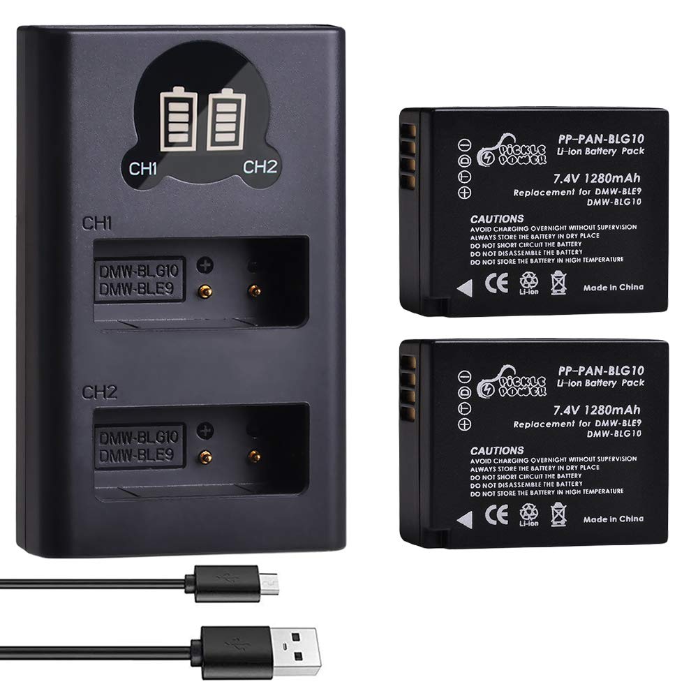 DMW-BLG10, Pickle Power 2 Pack 1280mAh Battery with LED Dual USB Charger for Panasonic Lumix DC-ZS80, DC-GX9, DC-LX100 II, DC-ZS200, DC-ZS70, DMC-GX80,GX85,DC-G100,DMC-ZS60 Cameras.