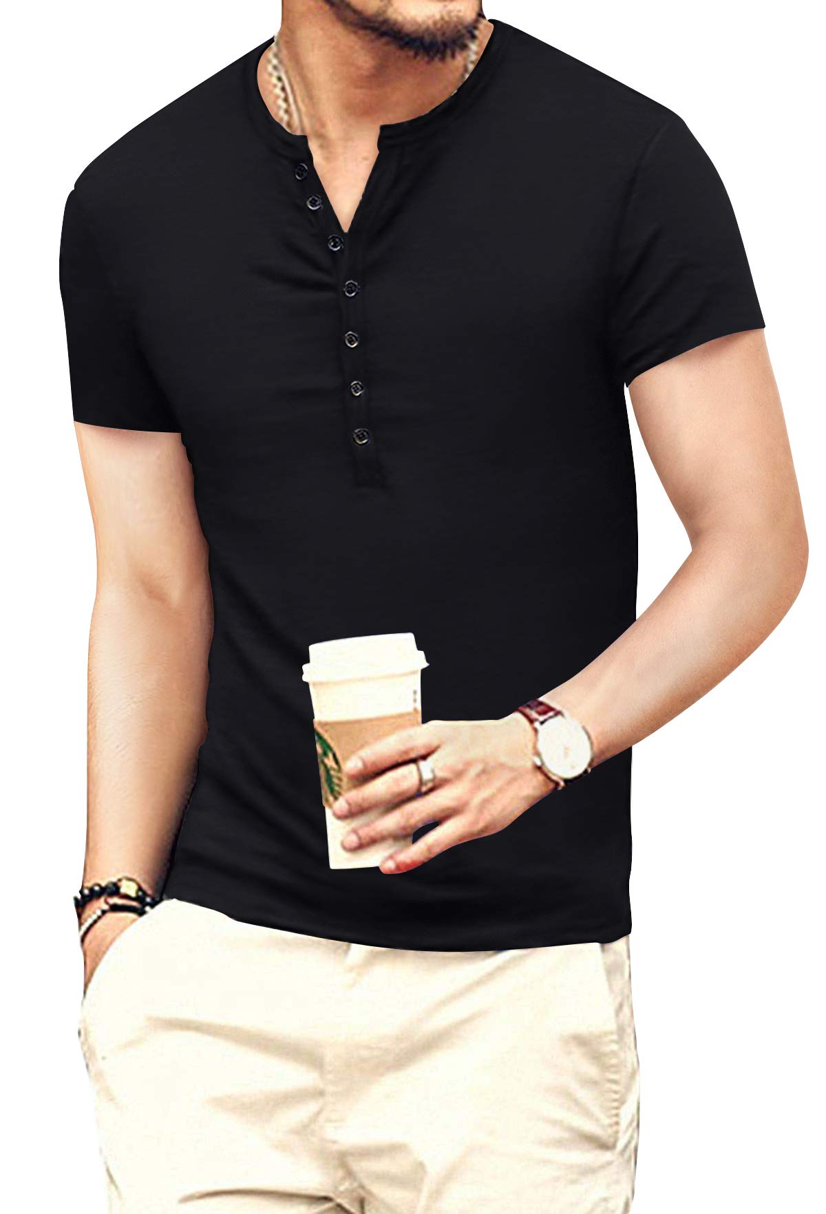 YTD Mens Casual Slim Fit Basic Henley Short Sleeve Fashion Summer T-Shirt XL Black