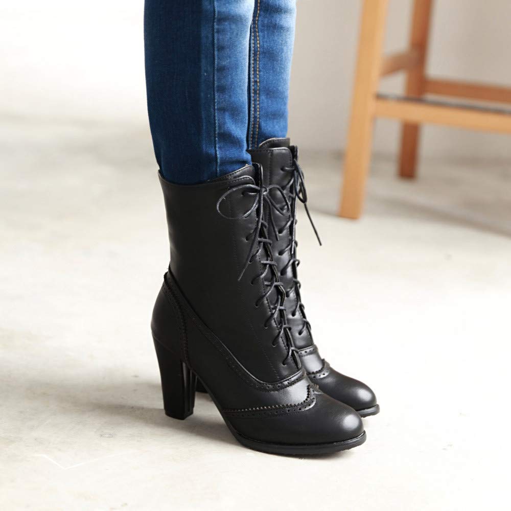 Aniywn Women's Mid-Calf Boots,Women High Heeled Boots Shoes Casual Lace Up Leather Pointed Boots(Black,39)