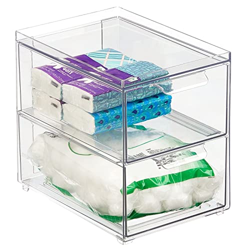 mDesign Stackable Storage Containers Box with 2 Pull-Out Drawers - Stacking Plastic Drawer Bins for Master or Guest Bathroom, Linen Closet, Vanity, or Makeup Table - Lumiere Collection -Clear