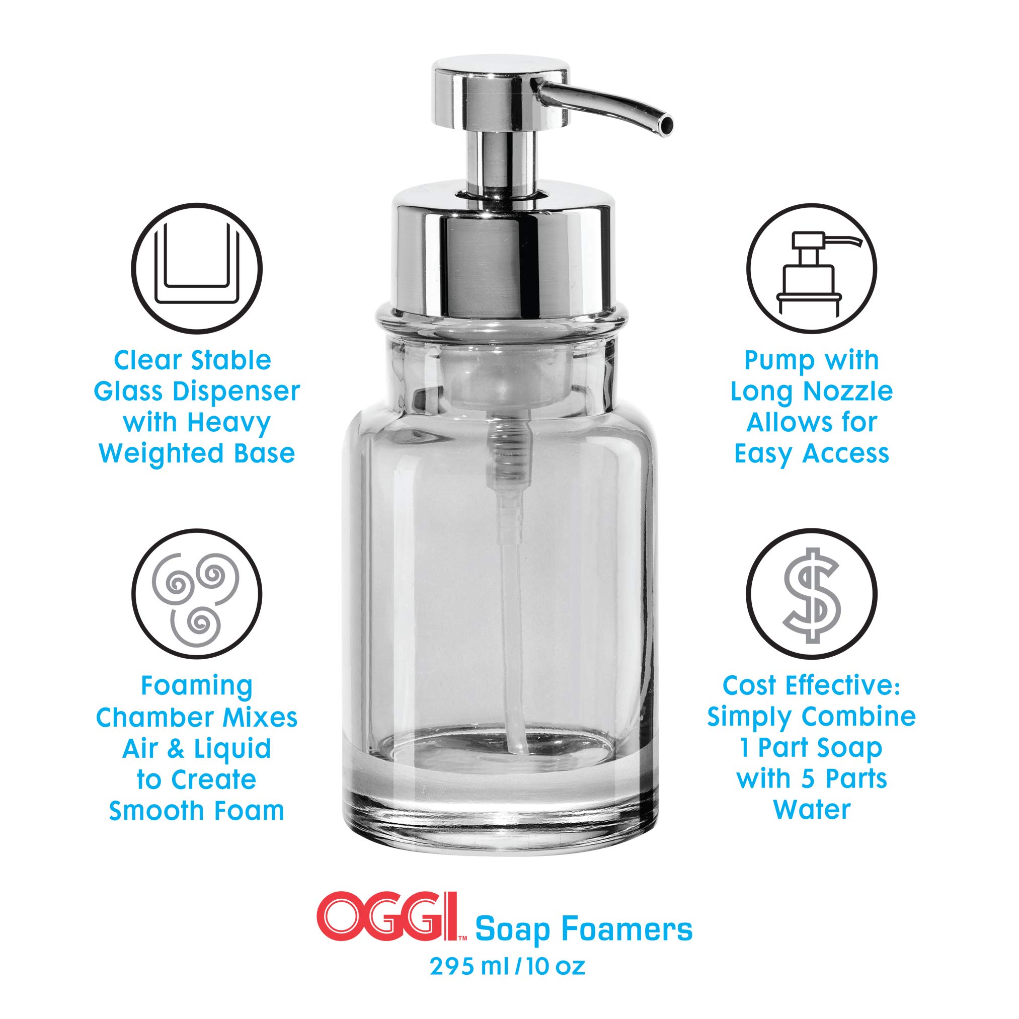 OGGI Glass Foaming Soap Dispenser - 10oz Capacity, Round, Heavy Glass - Stylish Refillable Foaming Hand Soap Dispenser, for Bathroom and Kitchen, Aqua/Chrome