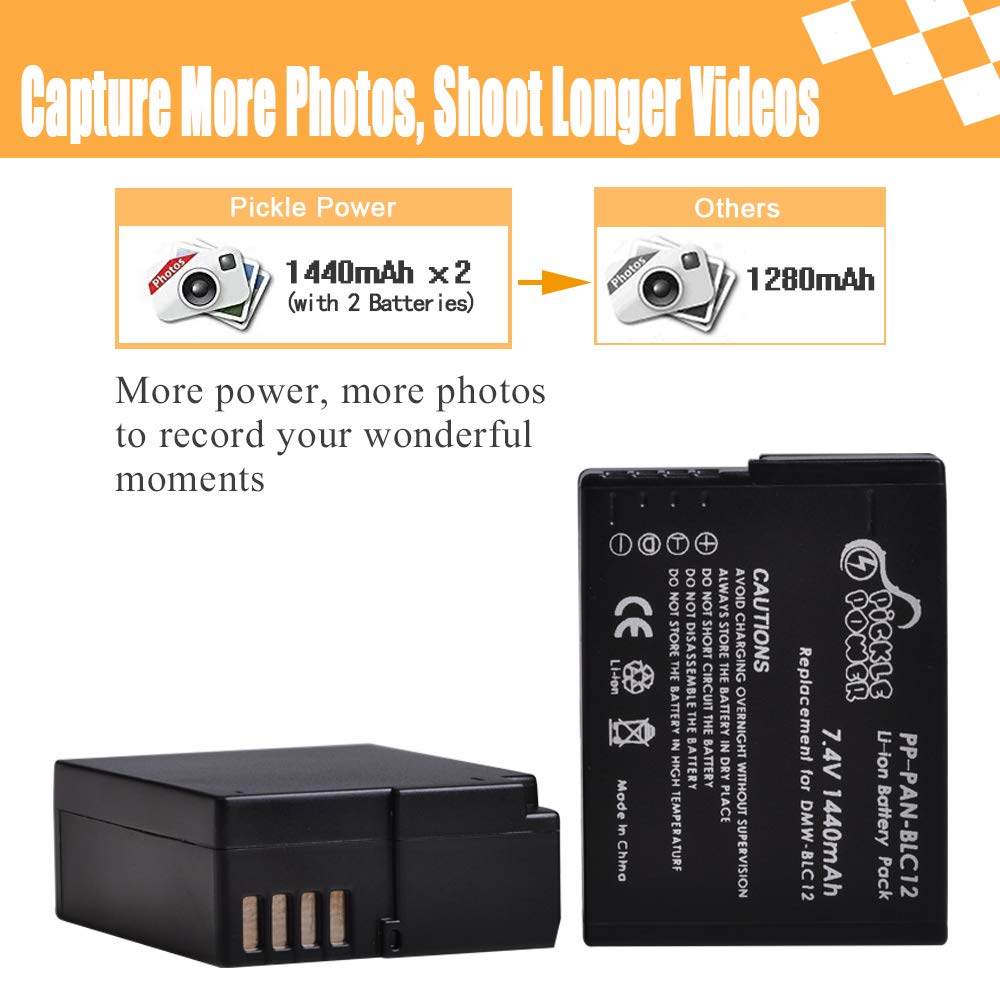 DMW-BLC12, Pickle Power 1440mAh 7.4V Battery Pack and Rapid Smart LED Dual USB Charger Compatible with Panasonic Lumix DMC-G85, DMC-FZ1000, DMC-FZ200, DMC-G5, DMC-G6, DMC-G7, DMC-GX8 Cameras