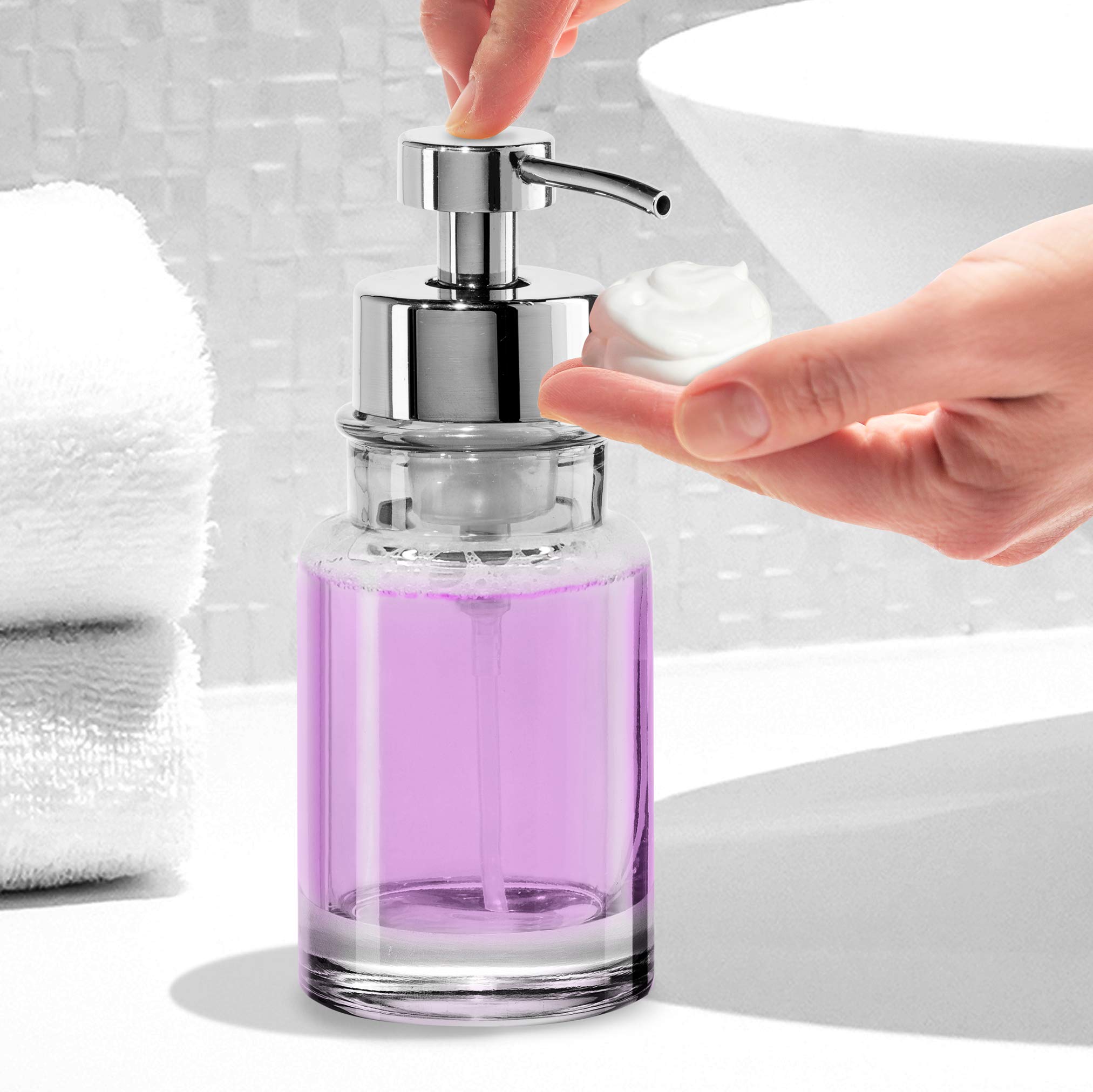 OGGI Glass Foaming Soap Dispenser - 10oz Capacity, Round, Heavy Glass - Stylish Refillable Foaming Hand Soap Dispenser, for Bathroom and Kitchen, Aqua/Chrome