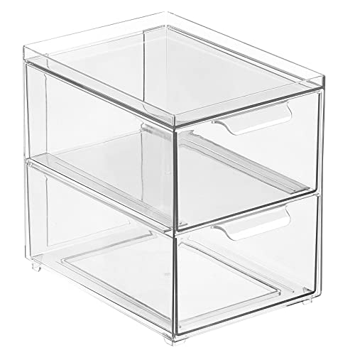 mDesign Stackable Storage Containers Box with 2 Pull-Out Drawers - Stacking Plastic Drawer Bins for Master or Guest Bathroom, Linen Closet, Vanity, or Makeup Table - Lumiere Collection -Clear