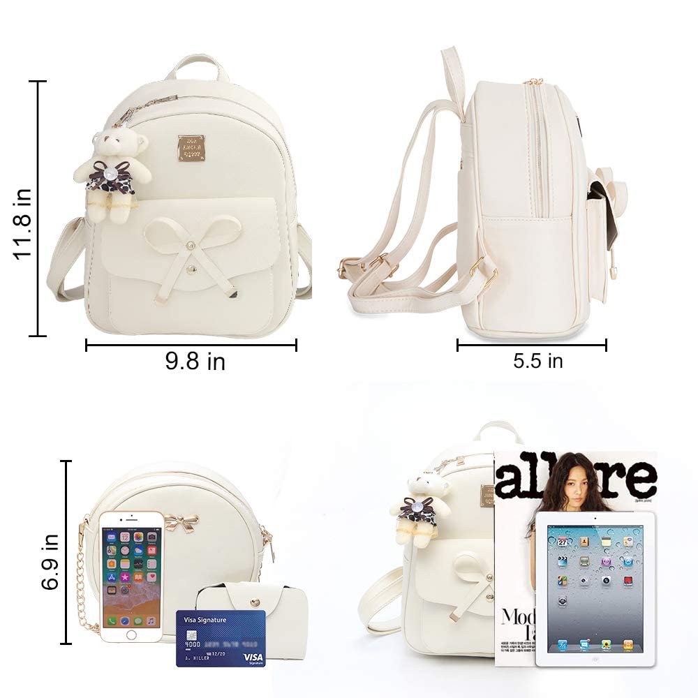 ZGWJ Mini Leather Backpack Purse Bowknot Small Backpack Cute Casual Travel Daypacks for Women(3-Pieces) Beige