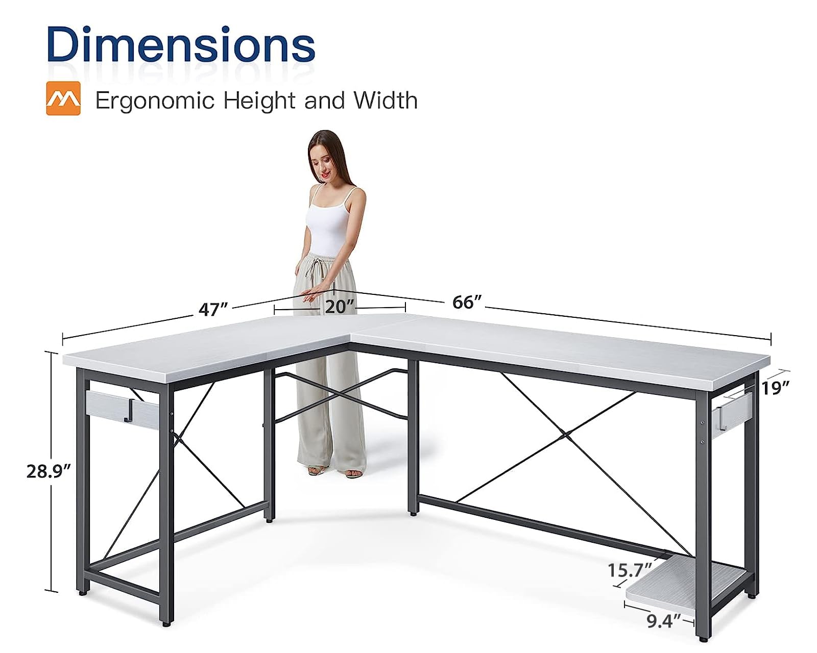 Coleshome 66" L Shaped Gaming Desk, L Shaped Desk, Computer Desk, Gaming Desk, Writing Desk, Home Office Desk, White
