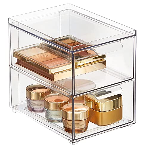 mDesign Stackable Storage Containers Box with 2 Pull-Out Drawers - Stacking Plastic Drawer Bins for Master or Guest Bathroom, Linen Closet, Vanity, or Makeup Table - Lumiere Collection -Clear