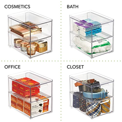 mDesign Stackable Storage Containers Box with 2 Pull-Out Drawers - Stacking Plastic Drawer Bins for Master or Guest Bathroom, Linen Closet, Vanity, or Makeup Table - Lumiere Collection -Clear